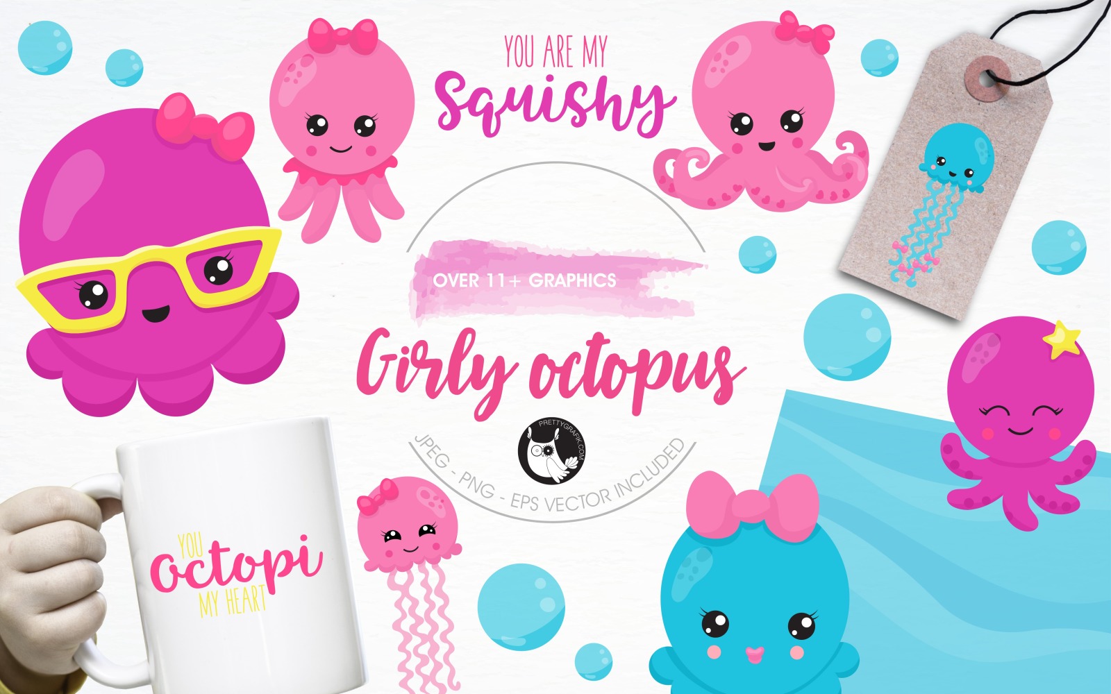 Girl octopus illustration pack - Vector Image