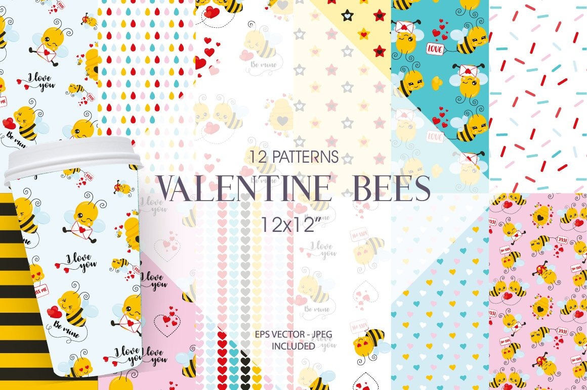 Valentine Bees Digital Paper - Vector Image - TemplateMonster