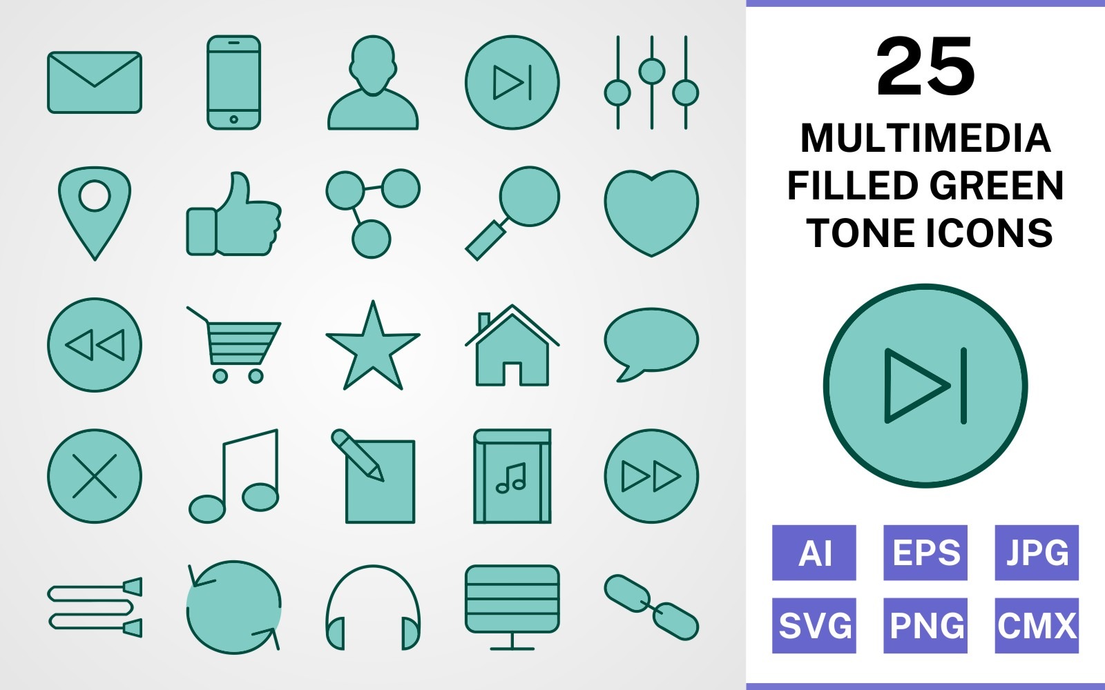 25 Multimedia Filled Green Tone Icon Set - TemplateMonster
