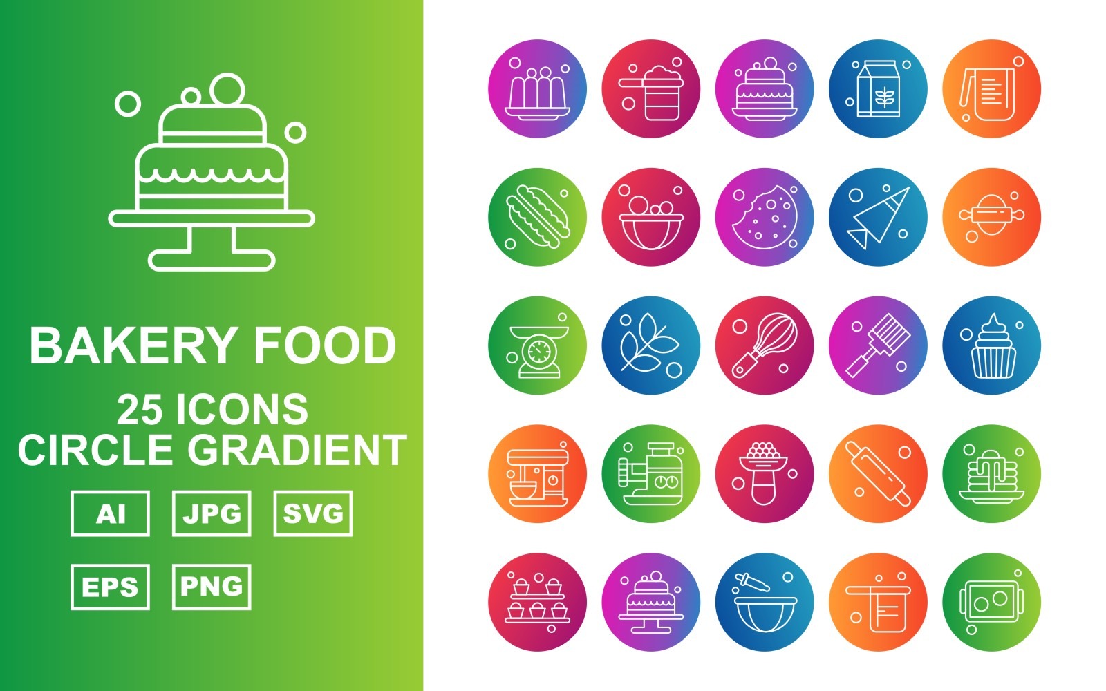 25 Premium Bakery Food Circle Gradient Icon Pack Set