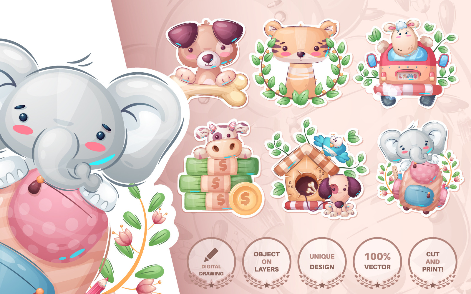 Set Cute Sticker - Seamless Pattern - Illustration