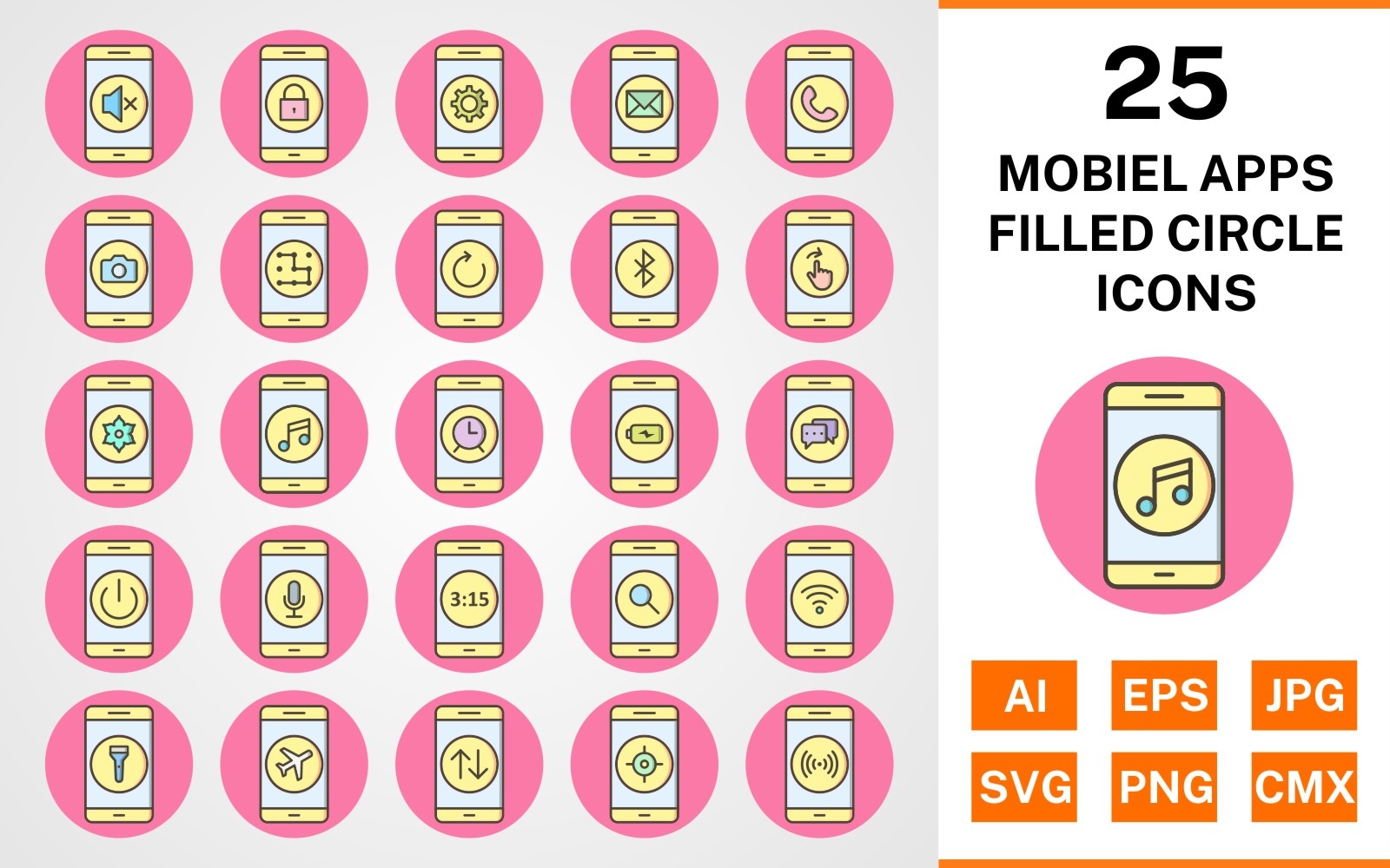 Conjunto de iconos de círculo lleno de 25 aplicaciones móviles