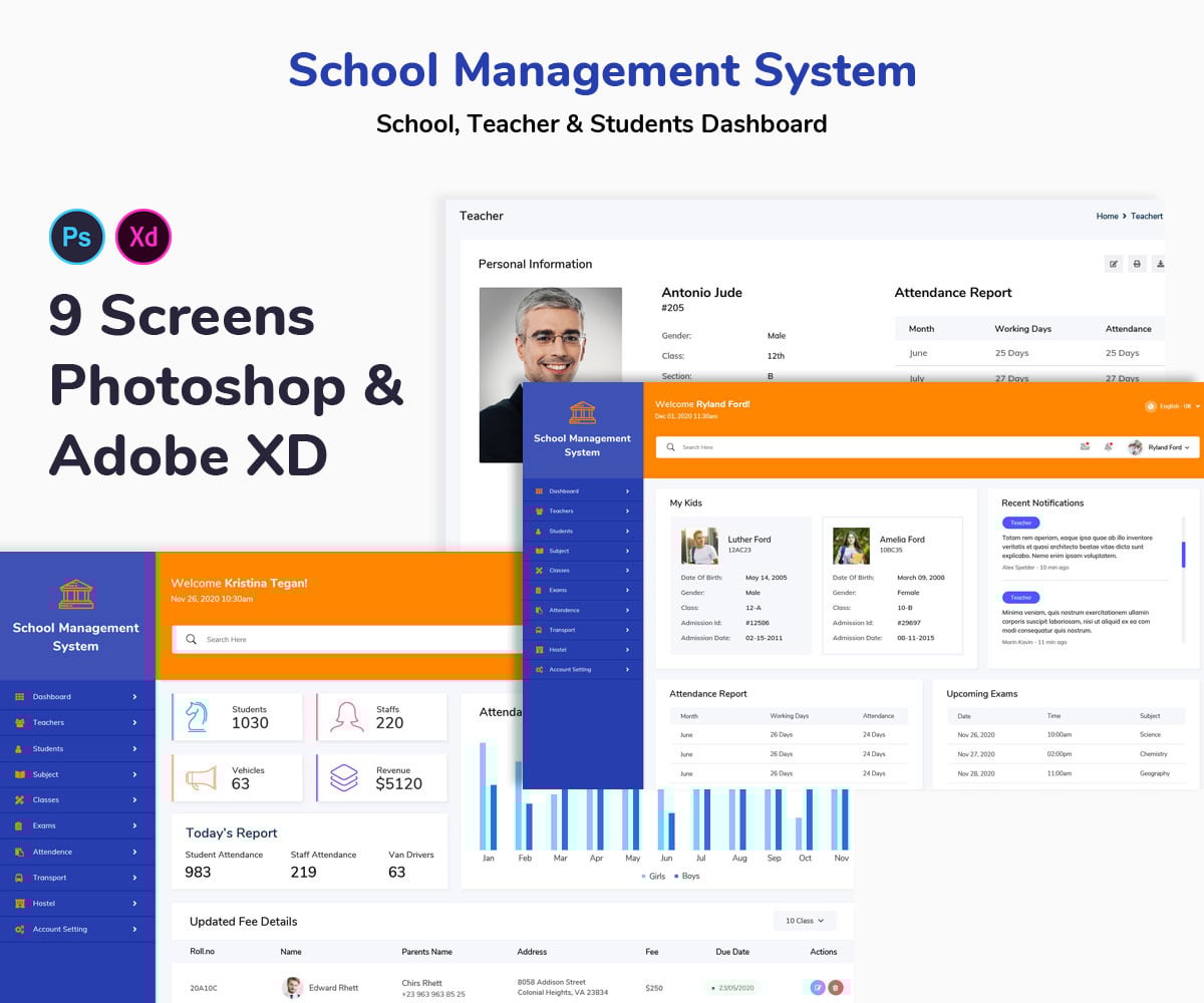 School Management System Dashboard UI Elements