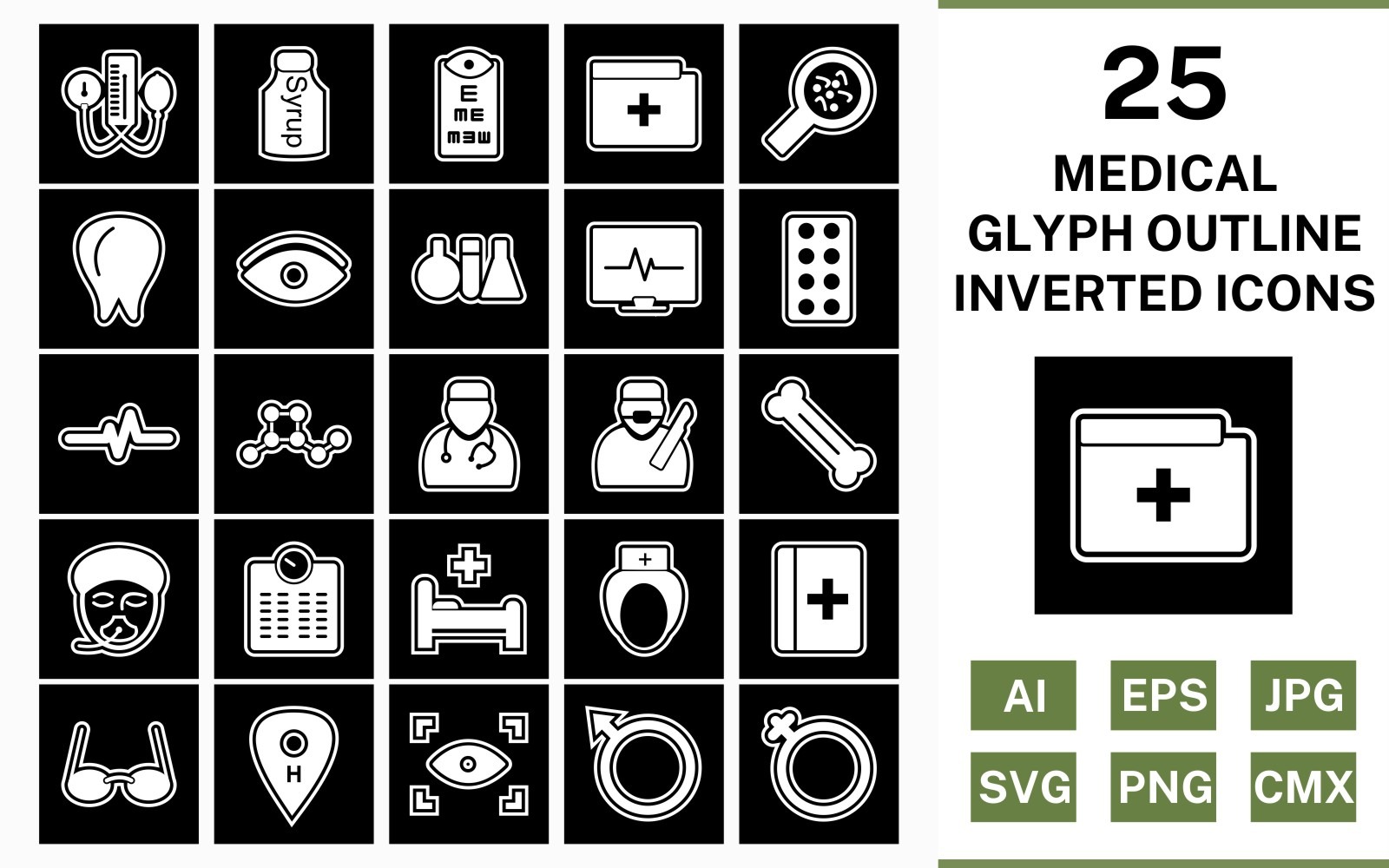 25 Medical Glyph Outline Inverted Icon Set - TemplateMonster