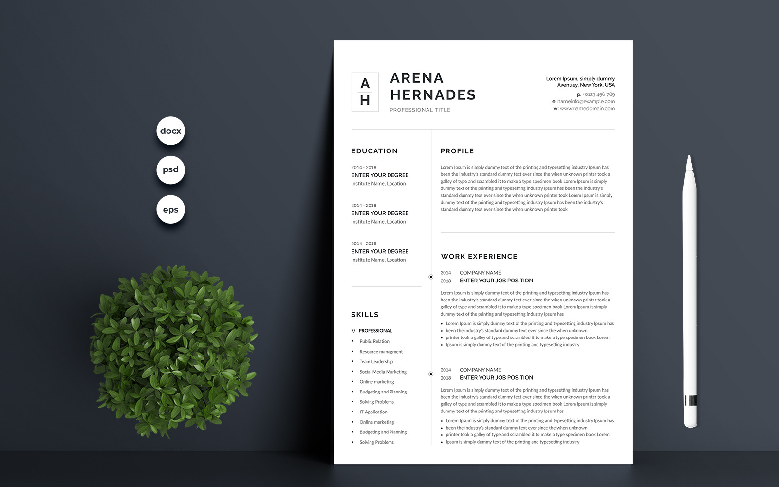 Arena Hernades Clean Resume Templates - TemplateMonster