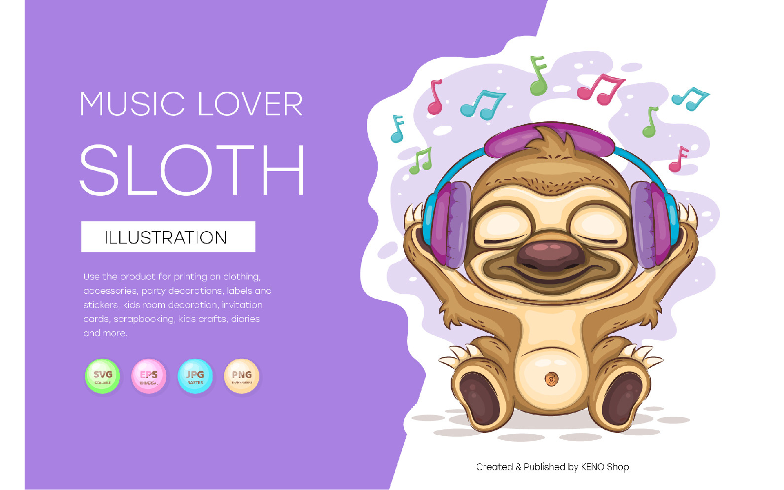 Sloth Music Lover, Cute Clipart, Vector - TemplateMonster