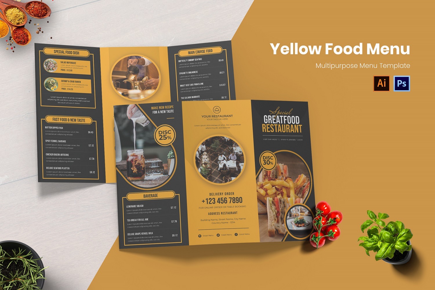 Yellow Black Food Menu Print Template - TemplateMonster