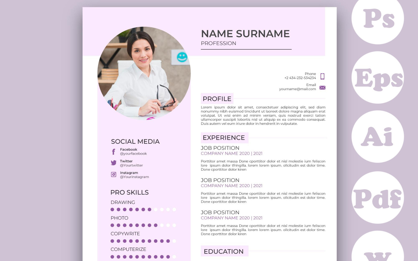 Minimalist Pink CV Template For #190342 - TemplateMonster