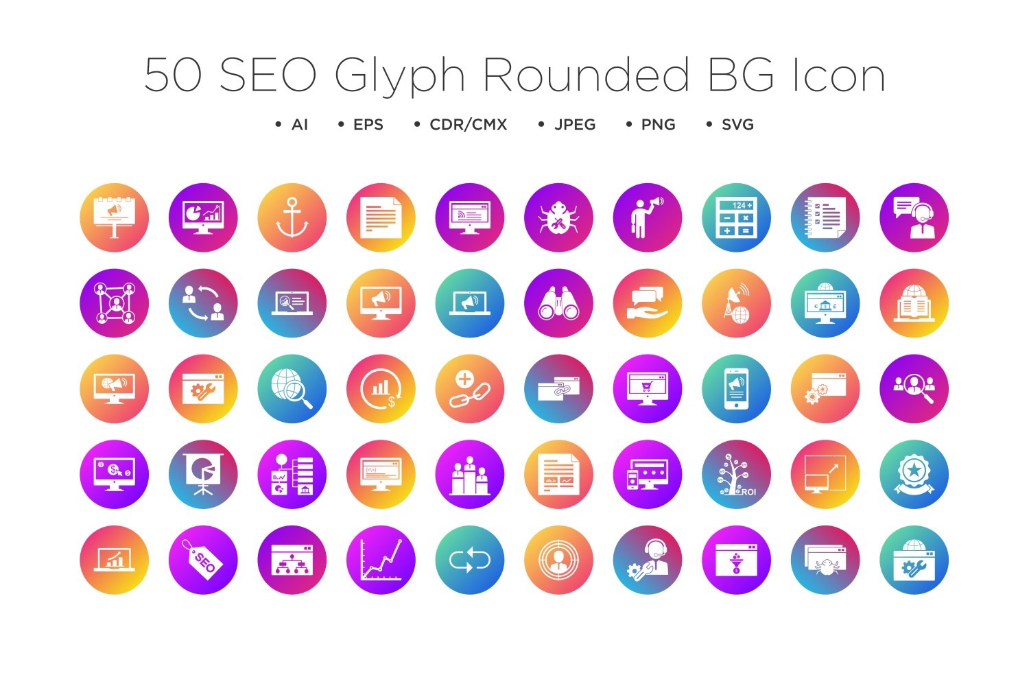50 SEO Glyph Rounded BG Icons Set #191149 - TemplateMonster