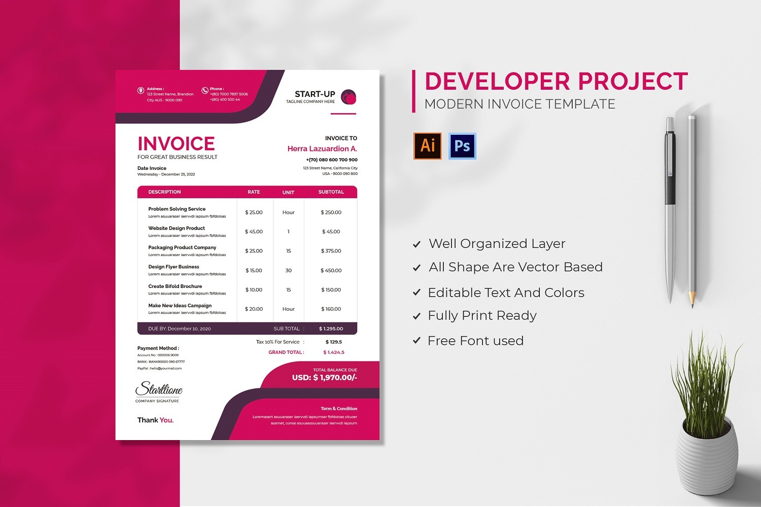 Developer Project Invoice Template #210079 - TemplateMonster