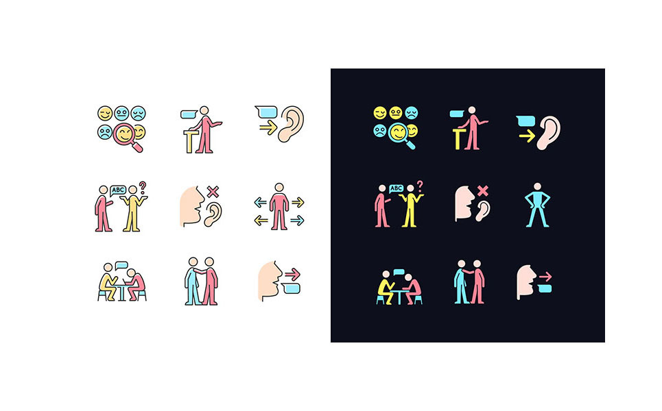 Effective Communication Light And Dark Theme RGB Color Icons Set Vectors