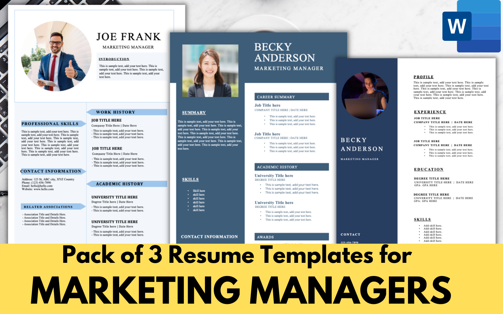 Pack of 3 Resume Templates for Marketing Managers - MS word CV RESUME ...