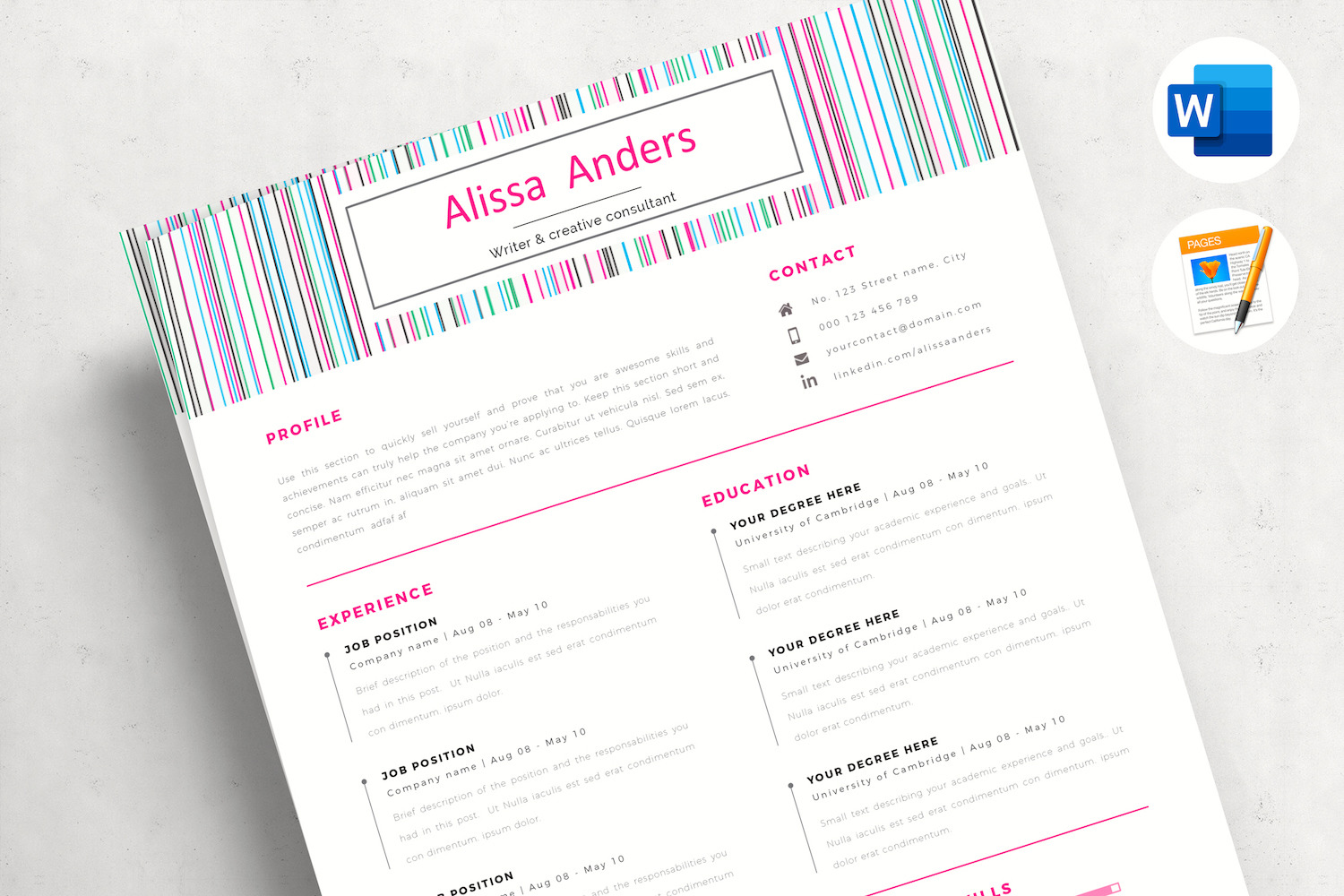 ALISSA - 1 Page Resume Template, CV for Word and Pages, Creative Resume ...