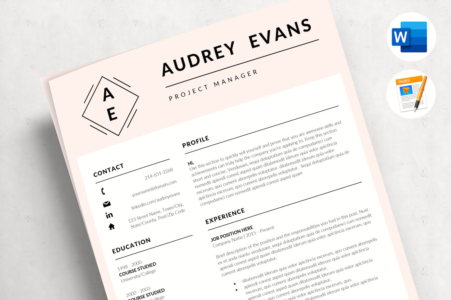 AUDREY - Creative Resume with Logo. Project manager Resume, cover ...
