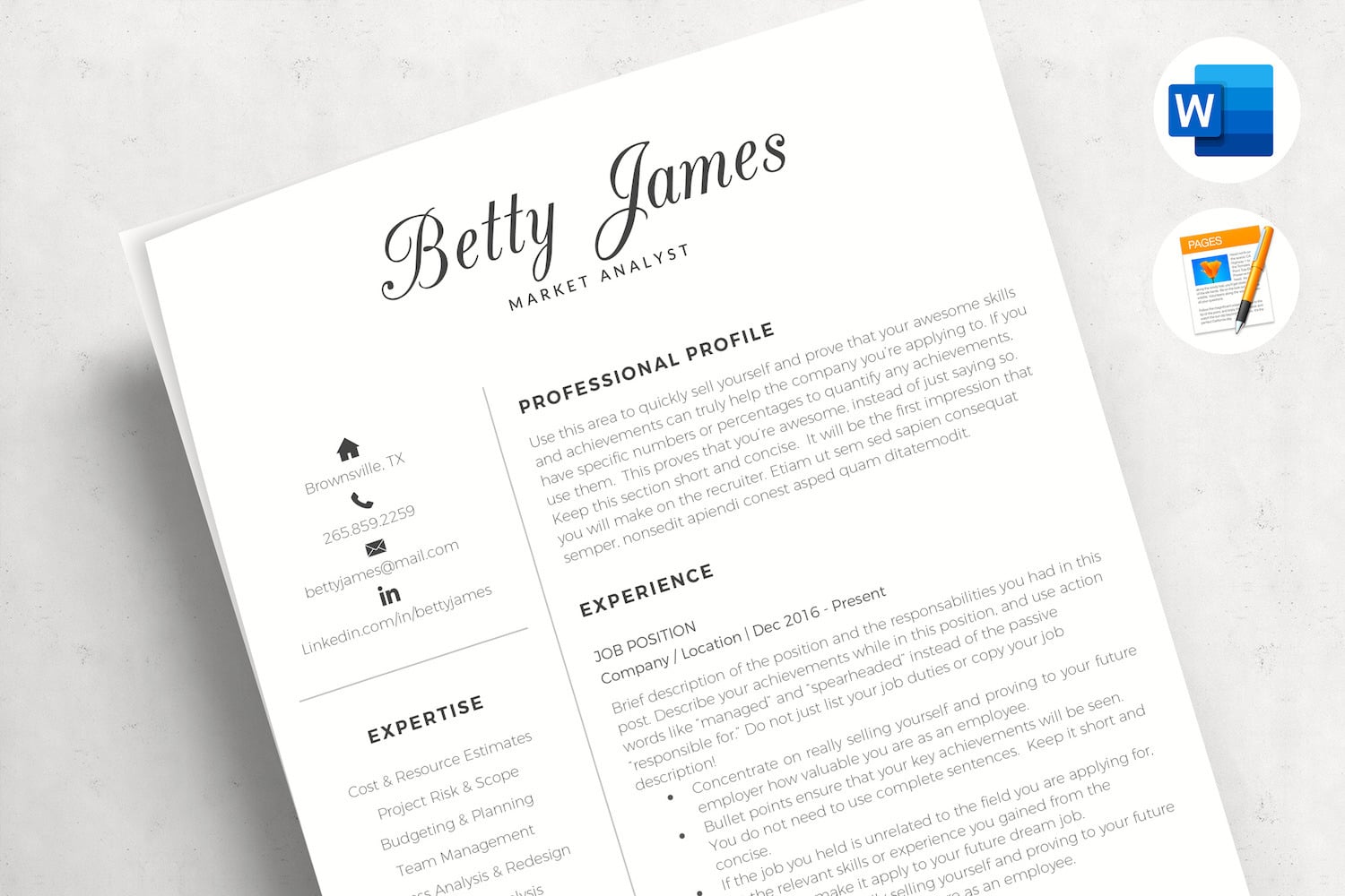 BETTY - Market Analyst Professional Resume. Minimalist CV with matching ...