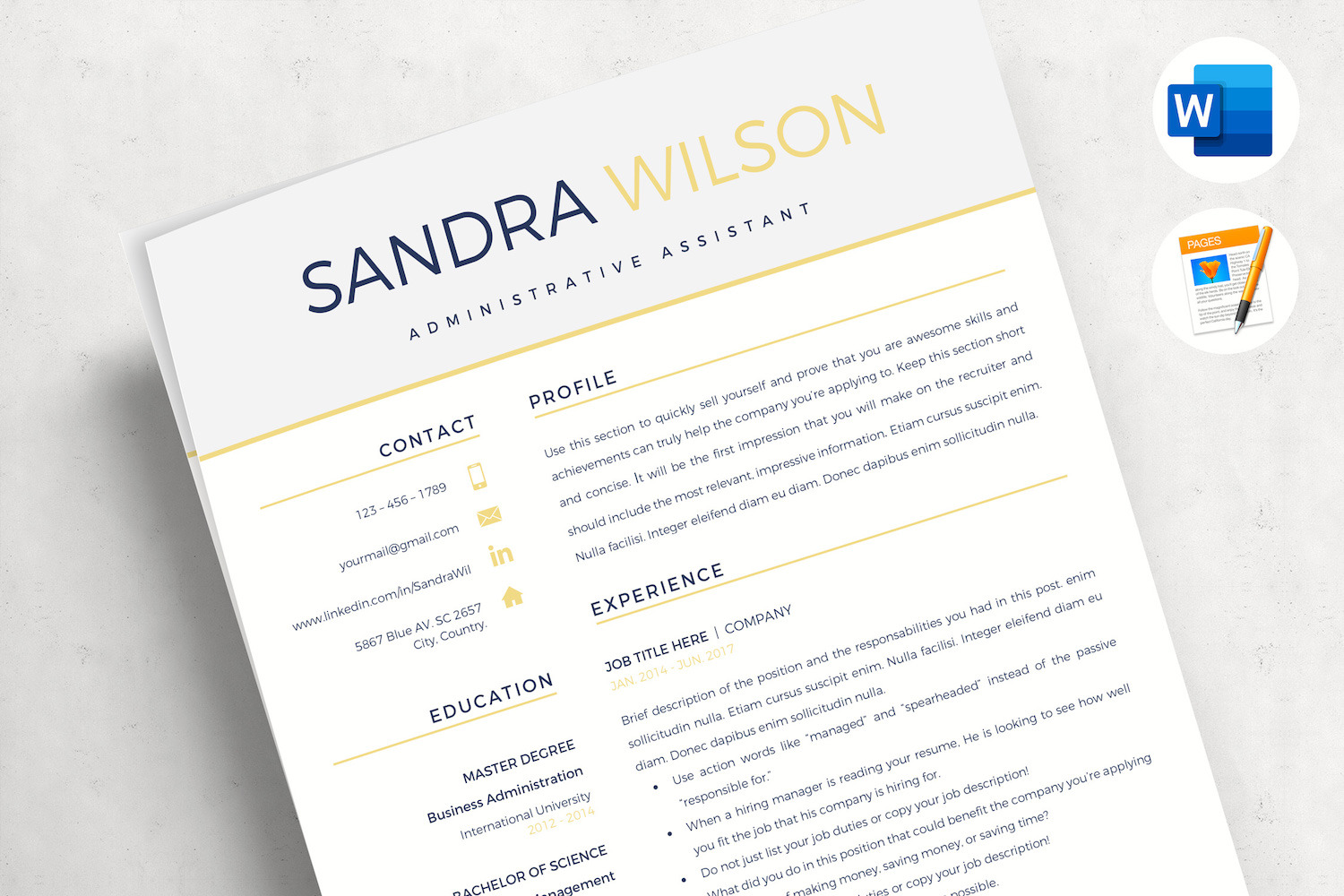 SANDRA Y. - Modern Resume Template Bundle for Word and Pages. 2 & 3 ...
