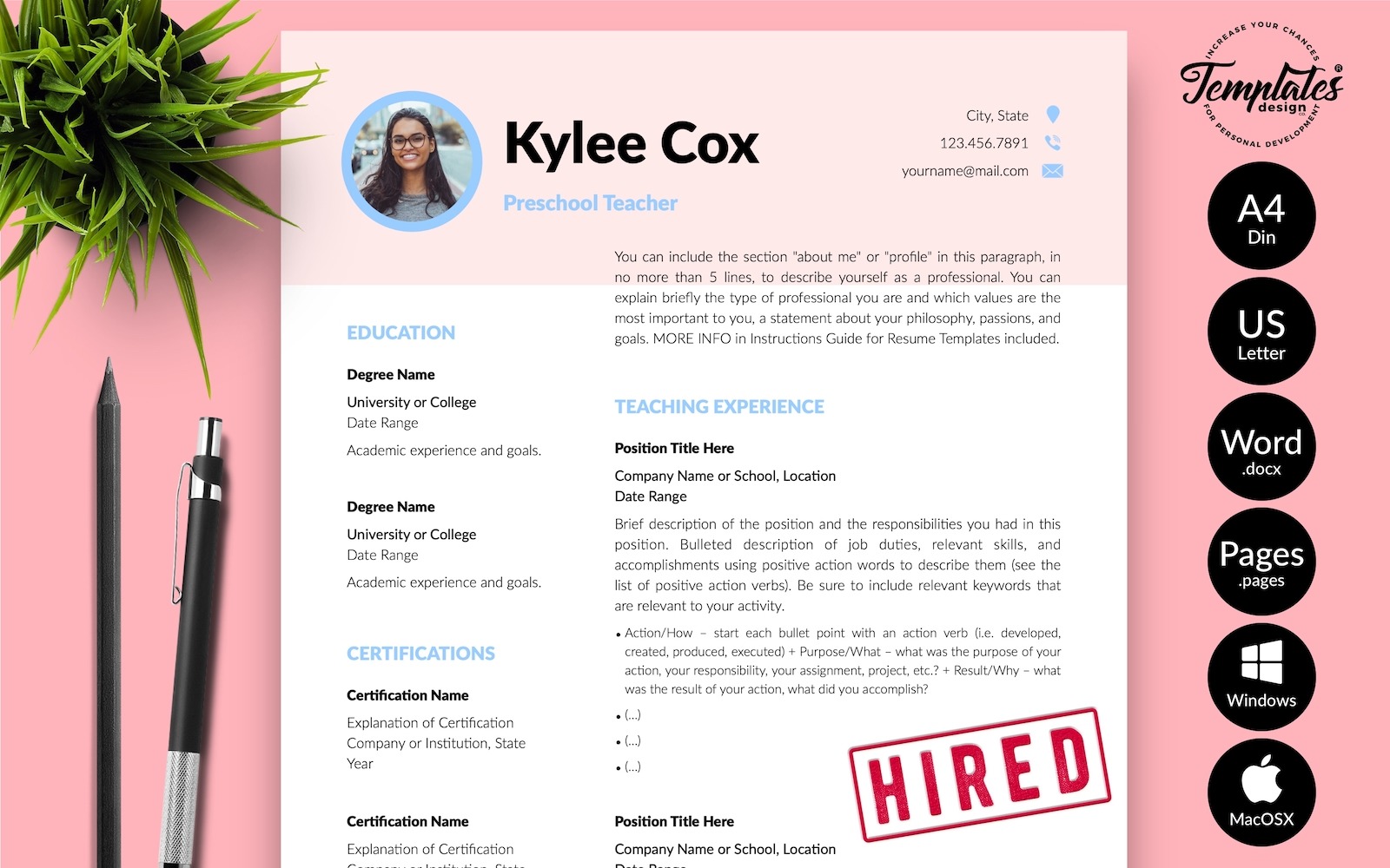 Kylie Cox - Teacher CV Resume Template with Cover Letter for Microsoft ...