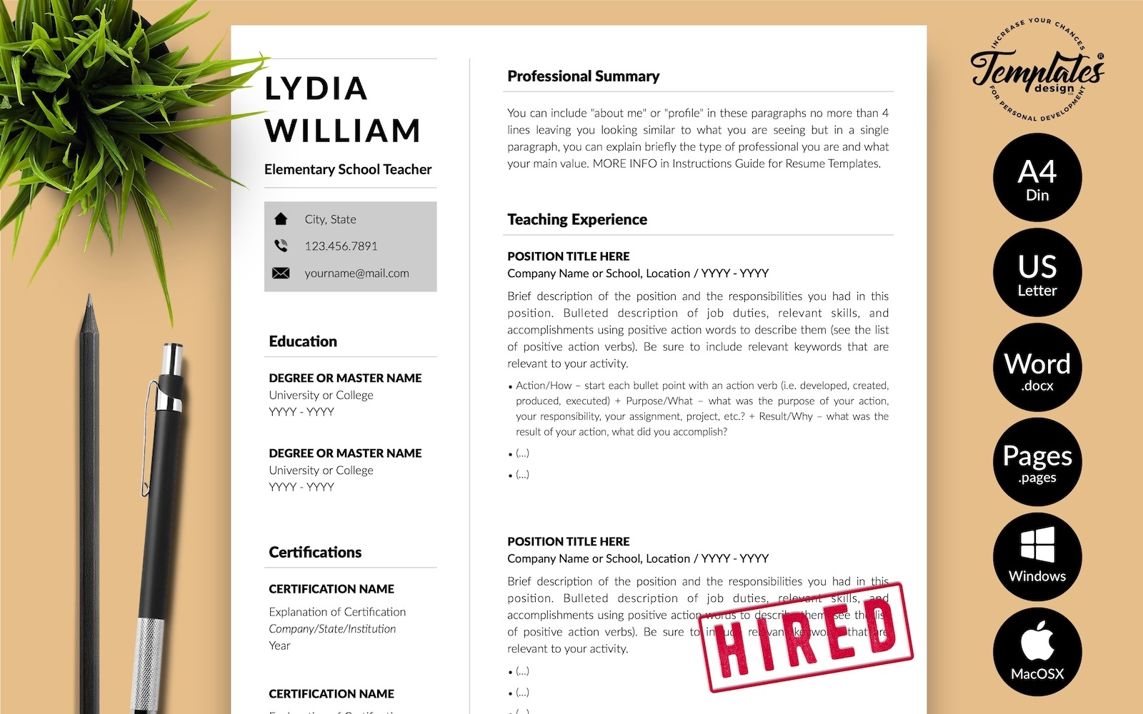 Lydia William - Teacher CV Resume Template with Cover Letter for ...
