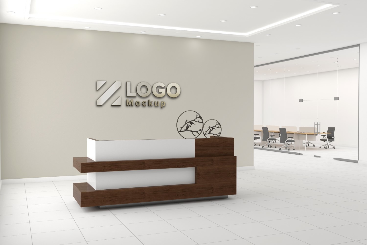 Modern Office reception interior Counter with meeting Room Logo Mockup