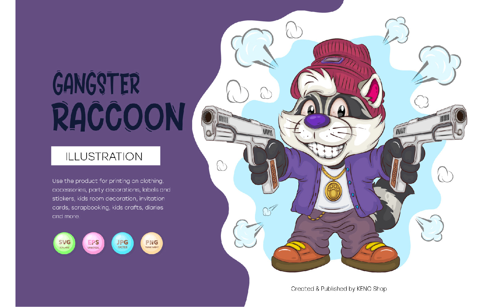 Cartoon Raccoon Gangster. T-Shirt, PNG, SVG.