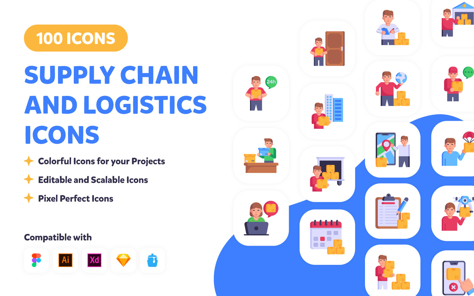 100 Flat Supply Chain & Logistics Icons - TemplateMonster