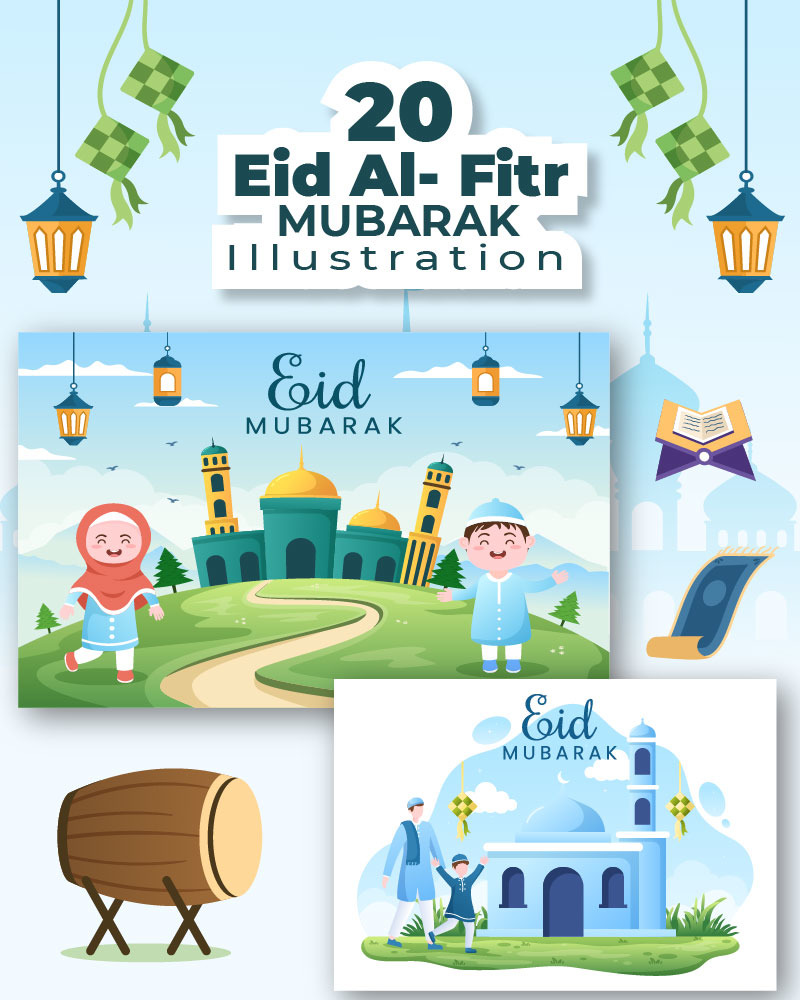20 Happy Eid Al-Fitr Mubarak background illustration
