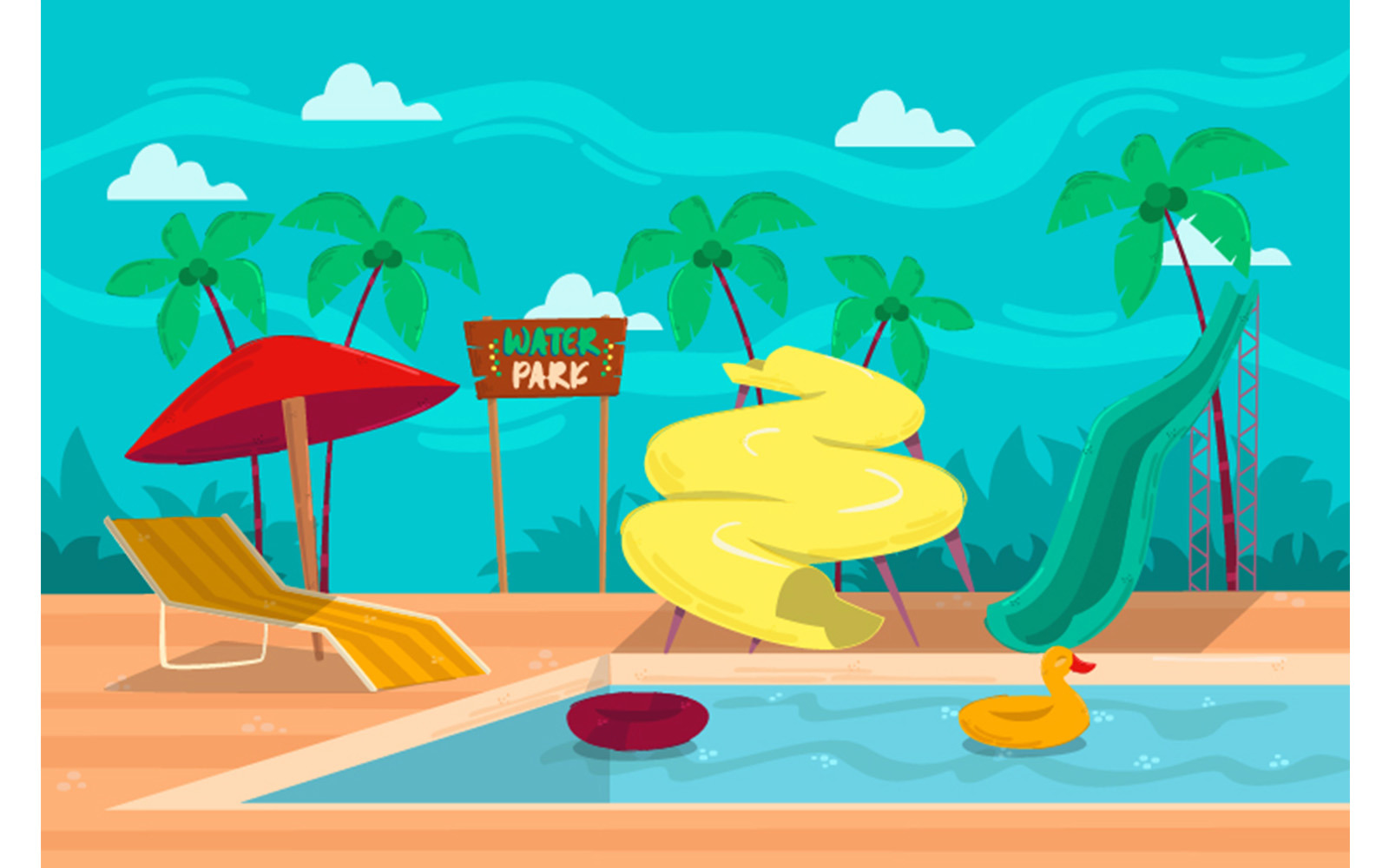 Piscine gratuite avec illustration de fond de toboggans aquatiques