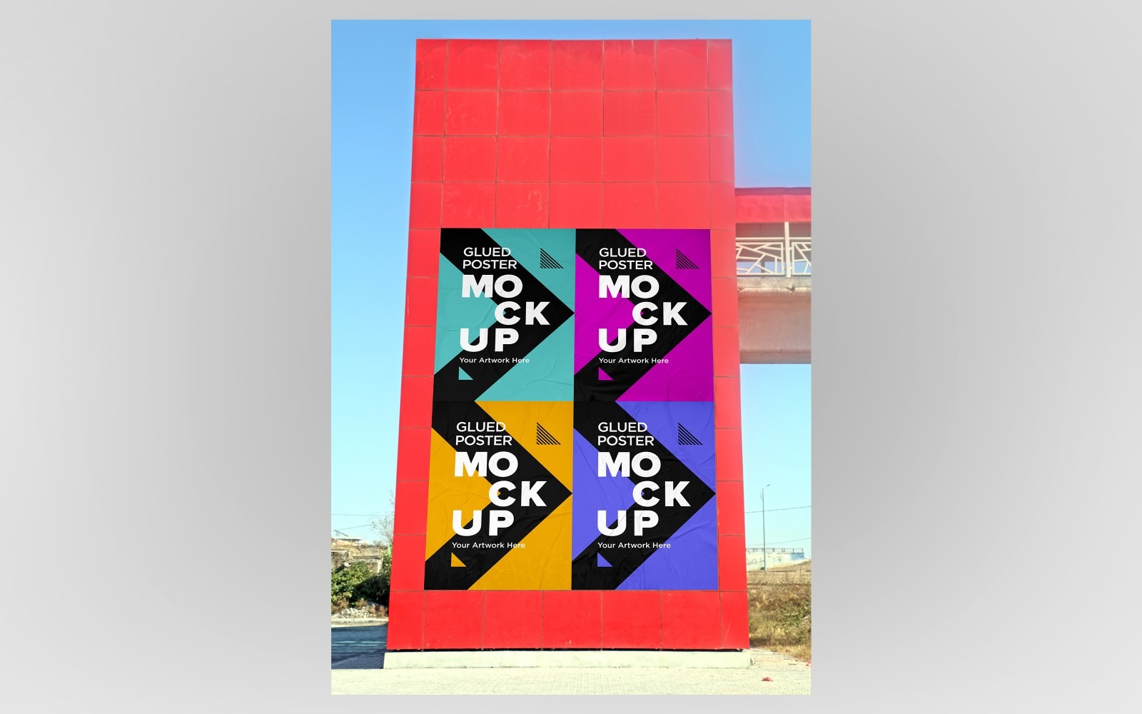 Four Glued & Wet Poster Mock up with Wrinkled and Crumpled Paper Effect