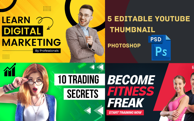 Give 5 Editable Youtube Thumbnail (PSD) Photoshop Social Media