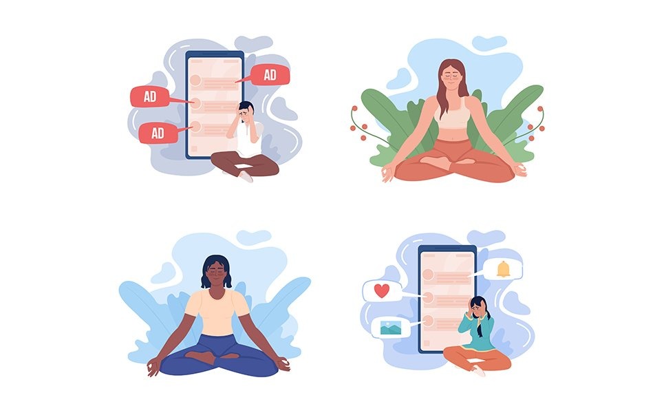 Mindfulness and internet addiction illustrations set
