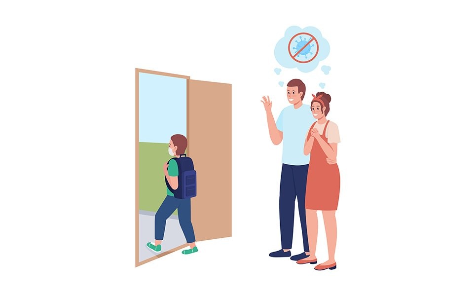 Mom and dad see son off to lesson color vector character