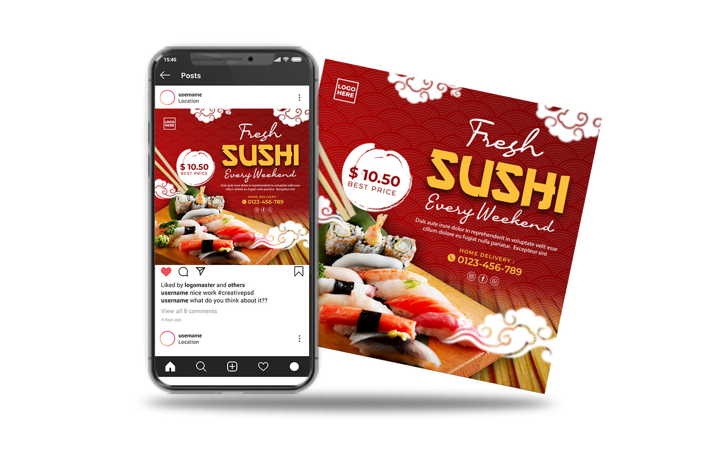 Instagram social media post fresh sushi - TemplateMonster