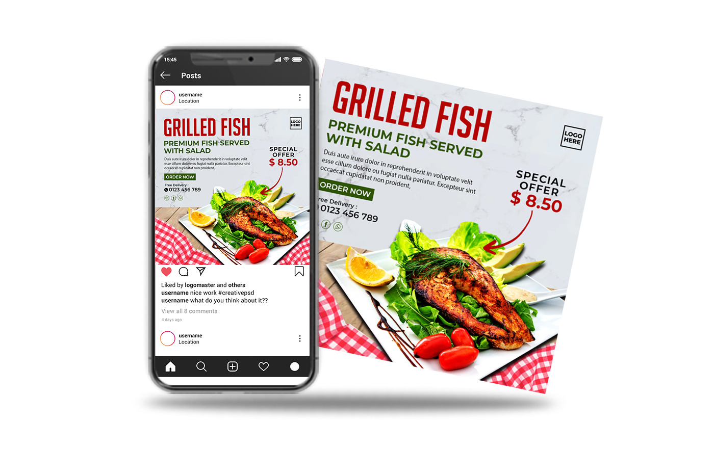 Instagram social media post grilled fish - TemplateMonster