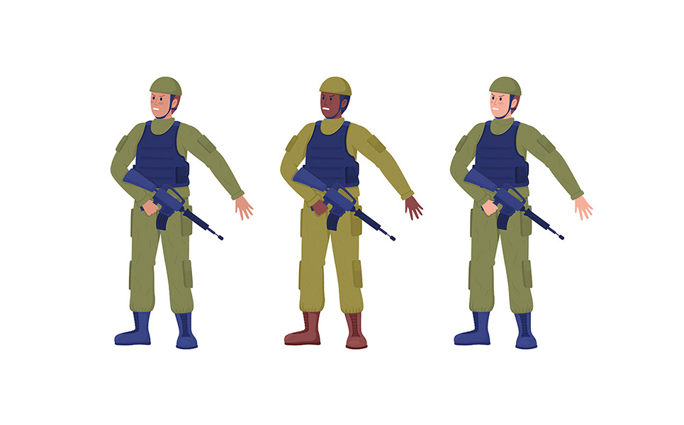 Soldiers in military uniform semi flat color vector characters set