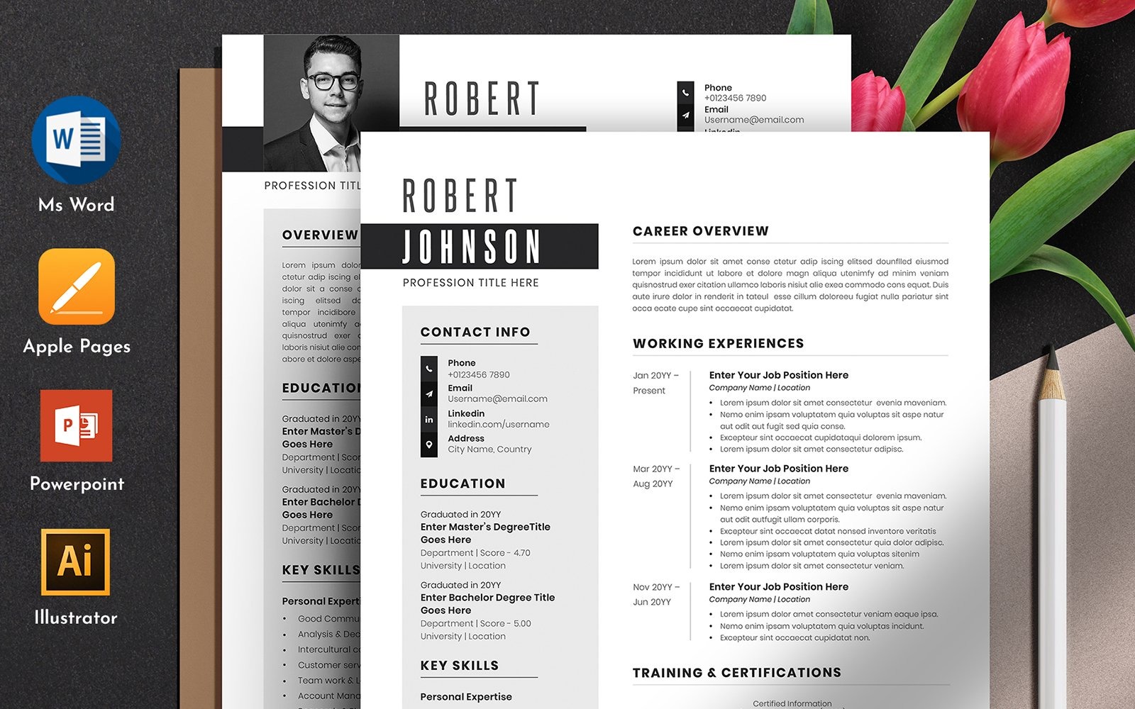 Clean & Professional Resume CV Template With Ms Word Apple Pages File ...