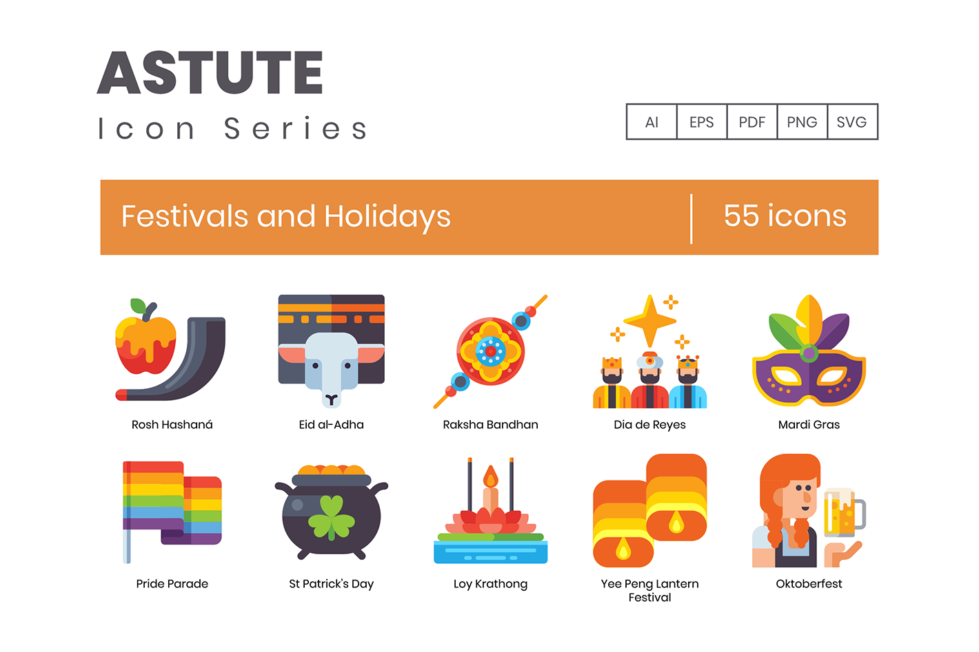 55 Festivals and Holidays Icon Set - Astute Series