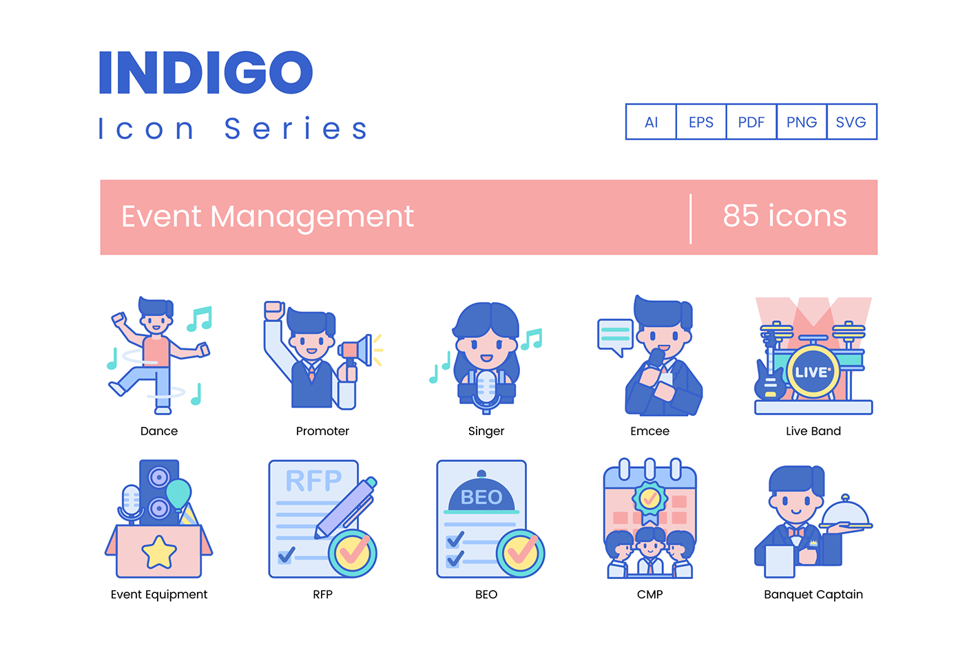85 Event Management Icons - Indigo Series - TemplateMonster