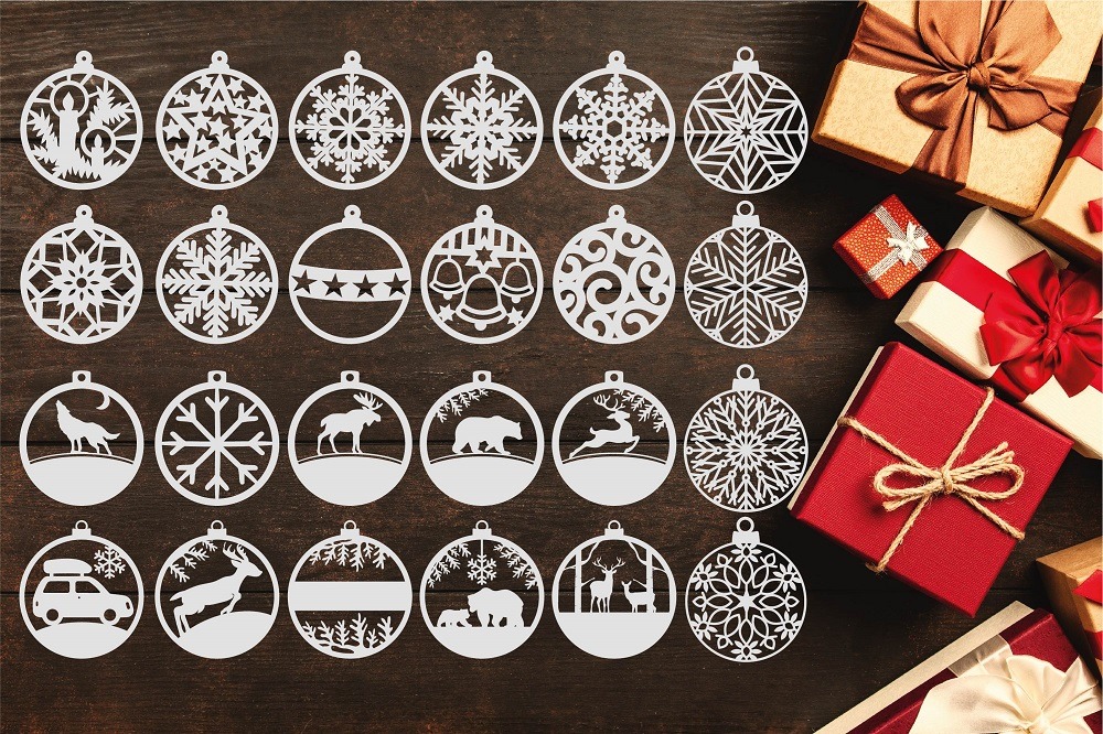 Free 24 Christmas Ornament Bauble Laser cut Bundle. Christmas DXF, AI, SVG.