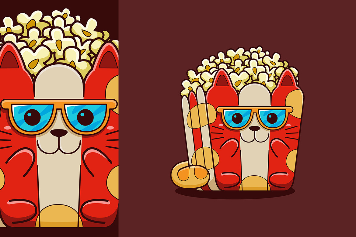 Cute Popcorn Cat Vector Cartoon Style - TemplateMonster