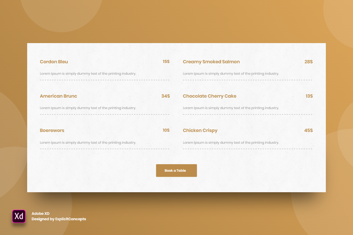 Food Pricing Table Hero Header Landing Page Adobe XD Template Vol 072