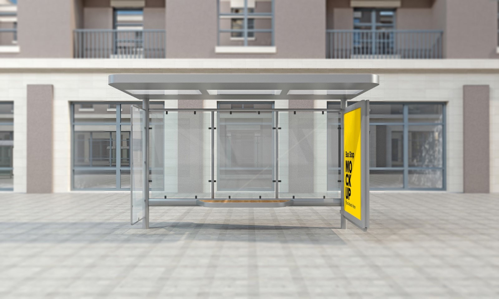 Front View City Bus Shelter Outdoor Advertising Sign mockup Template
