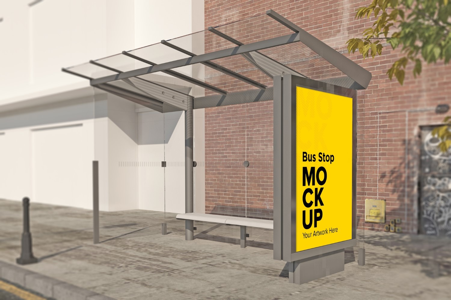Road Side View Bus Stop Sign mockup Template