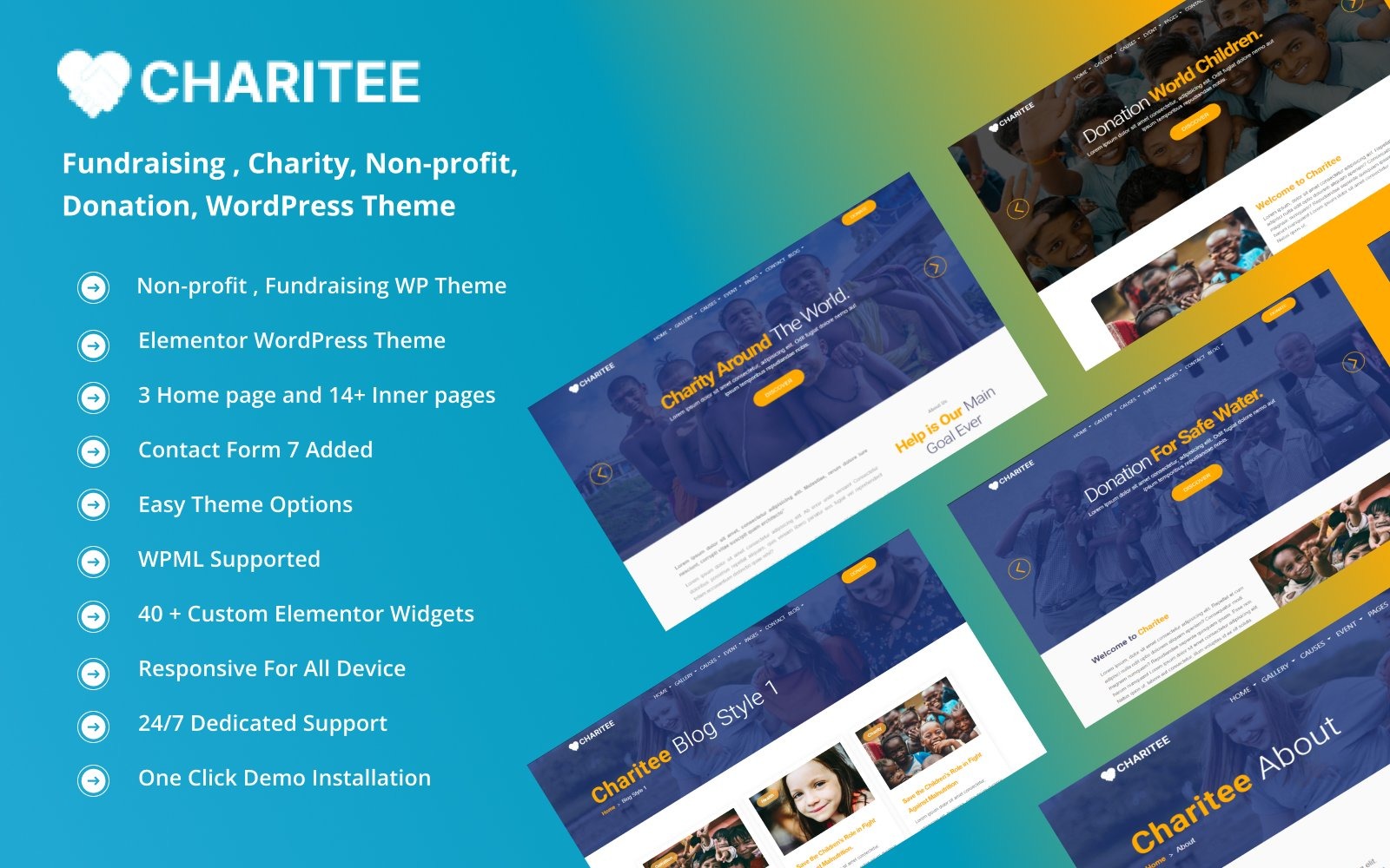 Charitee - Non-Profit Fundraising Donation WordPress theme.