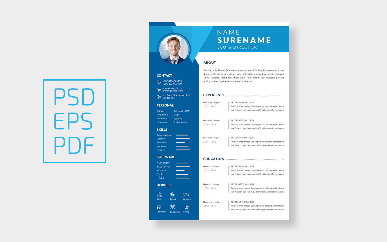 Modern Curriculum Vitae Template Blue Layout