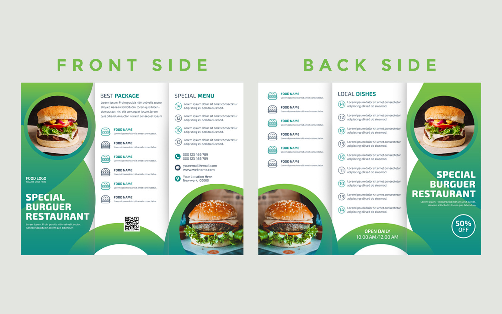 Modello di brochure a tre ante menu ristorante fast food