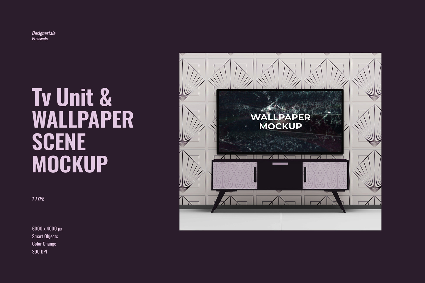 Tv Unit & Wallpaper Scene Mockup - TemplateMonster