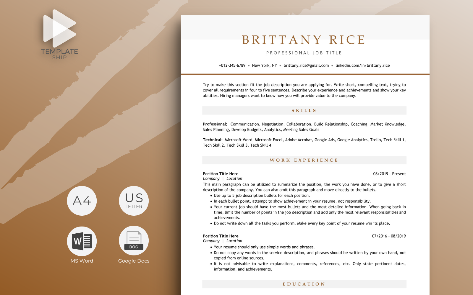Professional Resume Template Brittany Rice - TemplateMonster