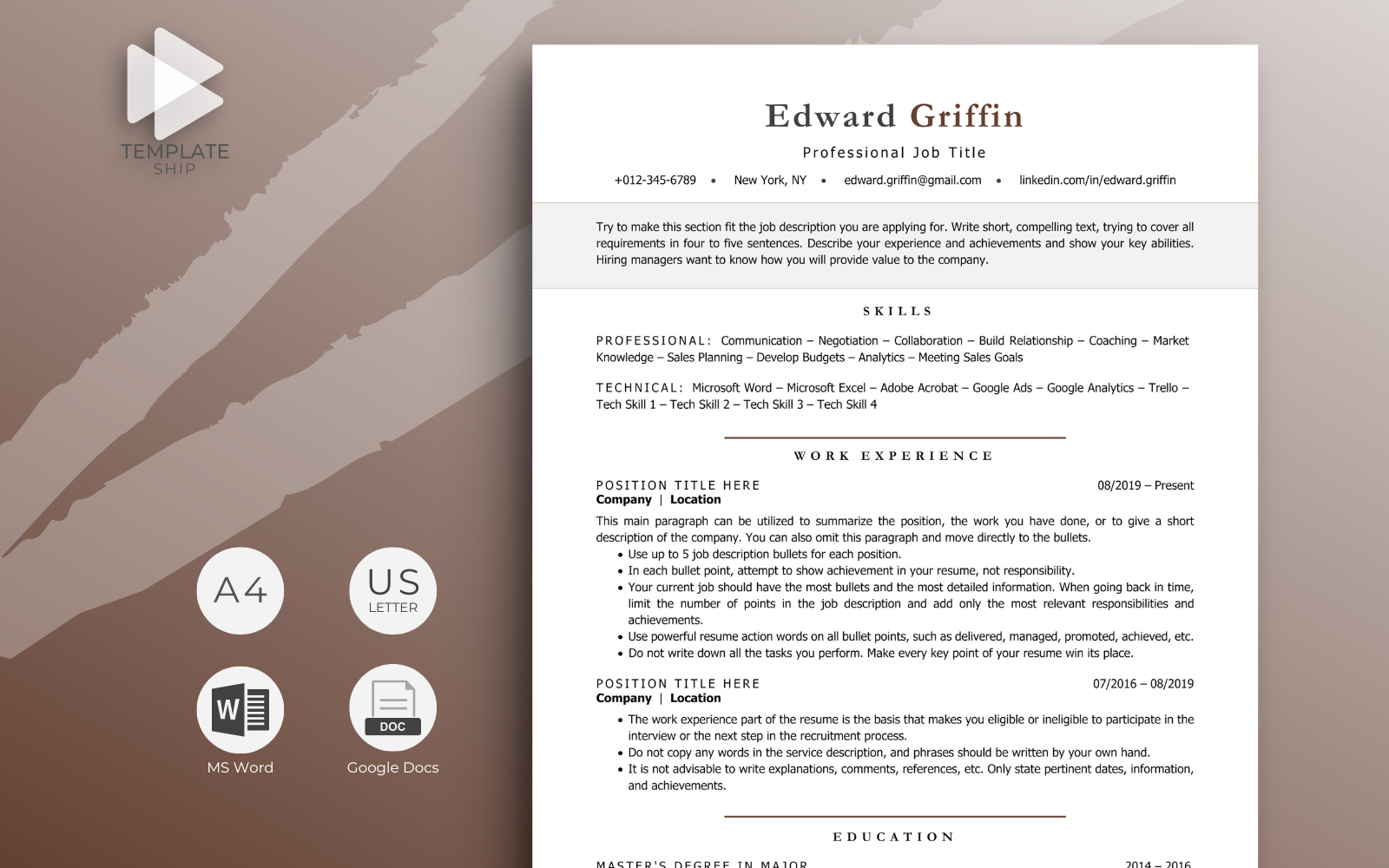 Professional Resume Template Edward Griffin - TemplateMonster