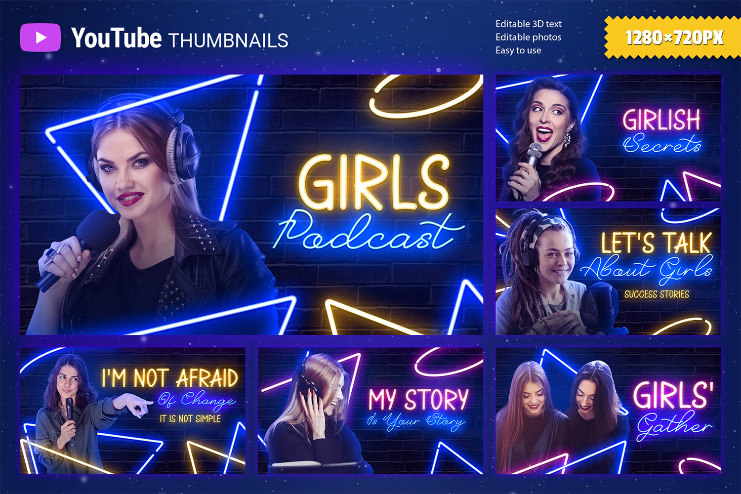 Neon YouTube Thumbnails for Girls Podcast - TemplateMonster