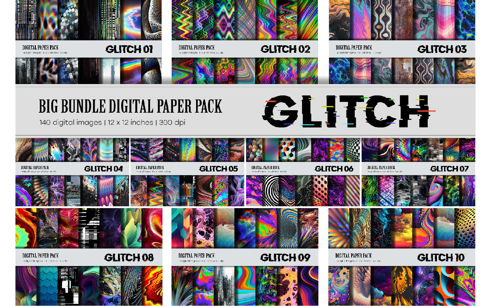 Big Bundle Glitch Psychedelic. Digital Paper Sets.